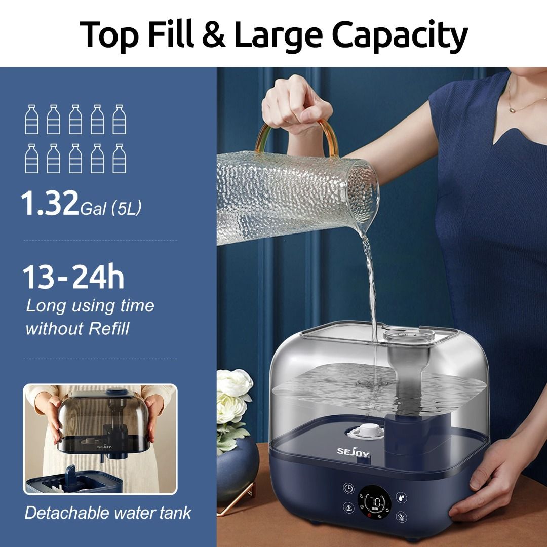 Sejoy Cool Mist Humidifiers for Bedroom Large Room 5L with Essential ...