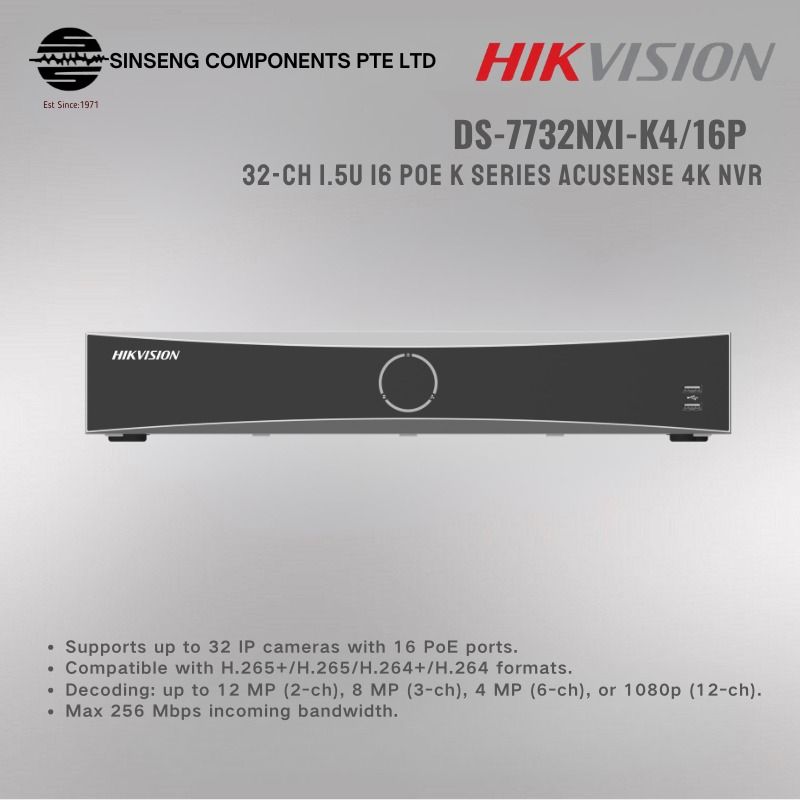 Hikvision 4K 16 PoE 32CH NVR - 32 Channel 4K NVR 1.5U with Built in 16 ...