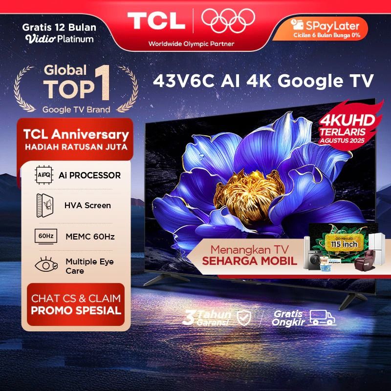 TCL AI 4K Google TV 43 inch V6C - MEMC - HDR 10 - HVA Panel - Dolby Audio - Google Play/Netflix ...