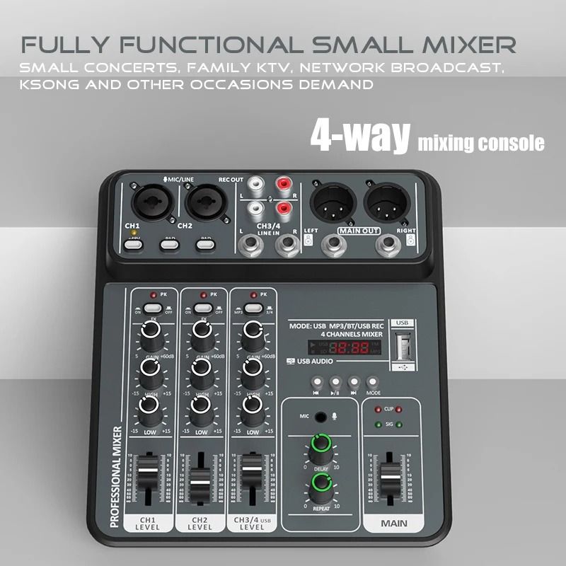 4 Channel Audio Mixer 48V Phantom Power USB Studio Sound Mixers ...