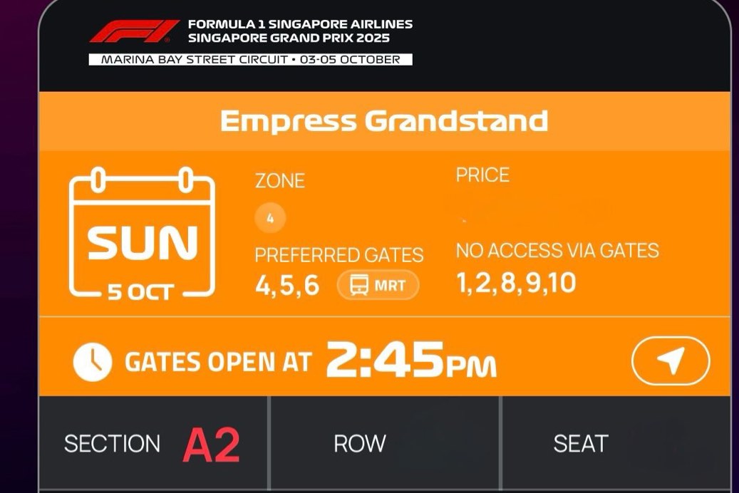 F1 Sunday Empress Grandstand Seats 5 October Raceday Singapore Grand ...