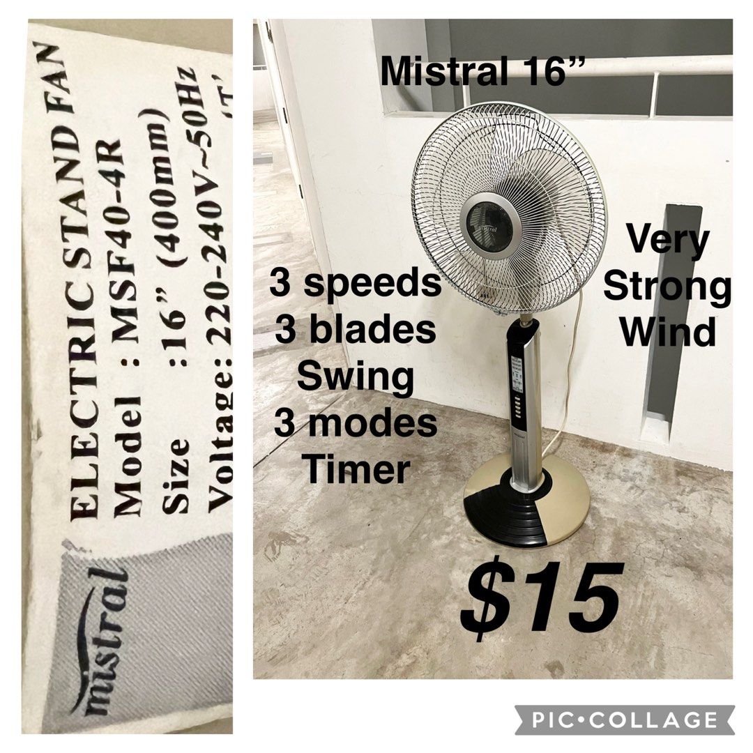 16” inch stand electric fan Mistral MSF40-4R very strong wind 3 speeds ...