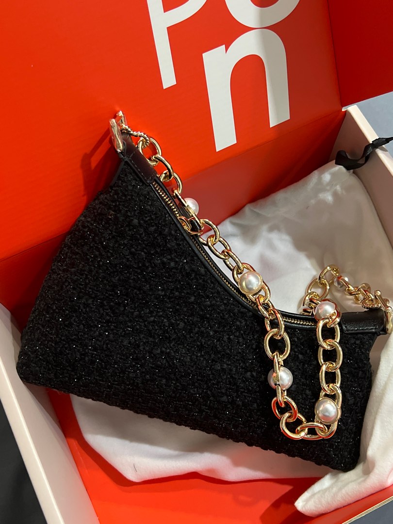 Aupen SG60 Black Tweed Handbag with Pearl Chain, Women's Fashion, Bags ...
