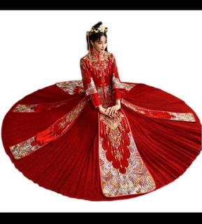 S size Oriental Chinese Kua traditional wedding gown party dinner red ...