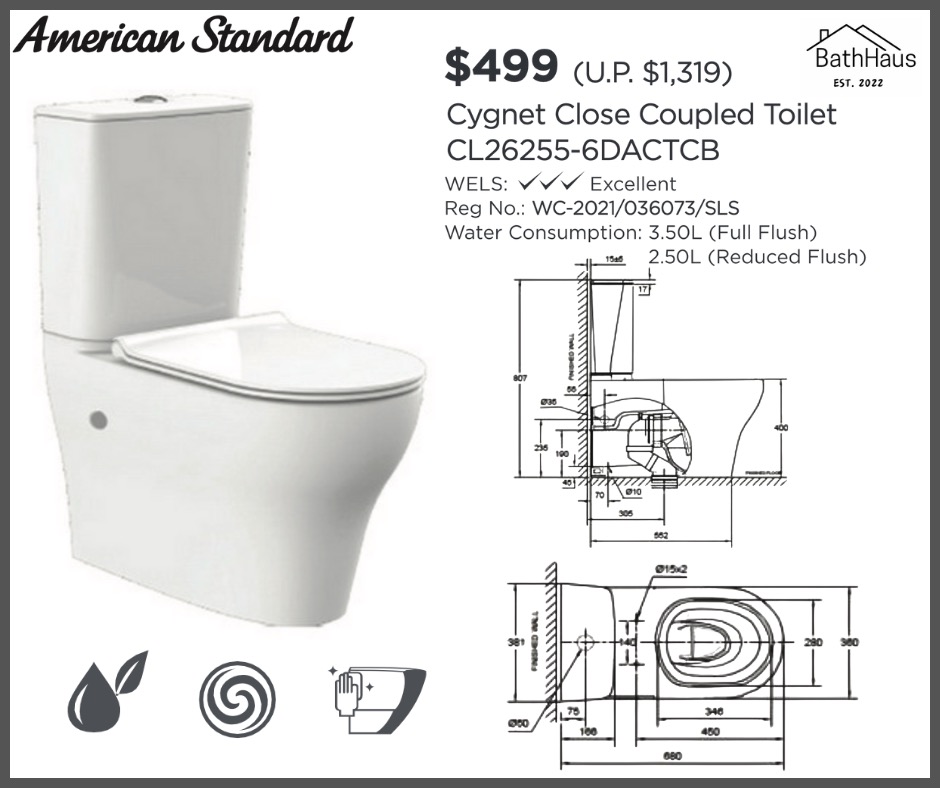 AMERICAN STANDARD CYGNET HYGIENE RIM CLOSE COUPLED TOILET BOWL CL26255 ...