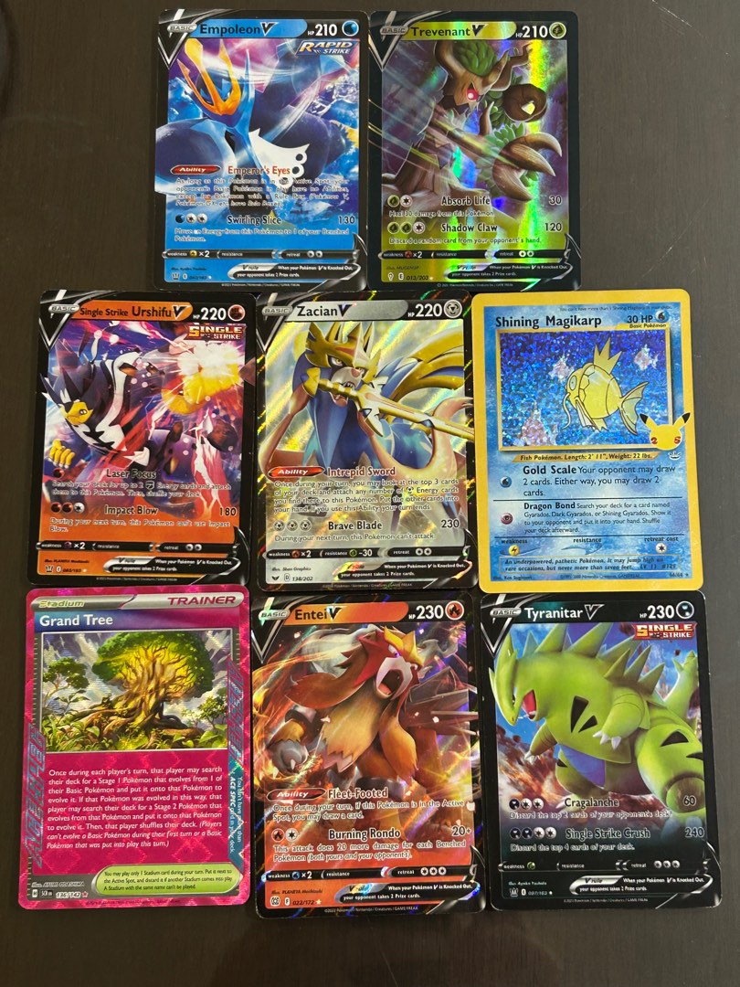 6 POKEMON V Cards, 1 First Edition Shining Magikarp, 1 Grand Tree ...