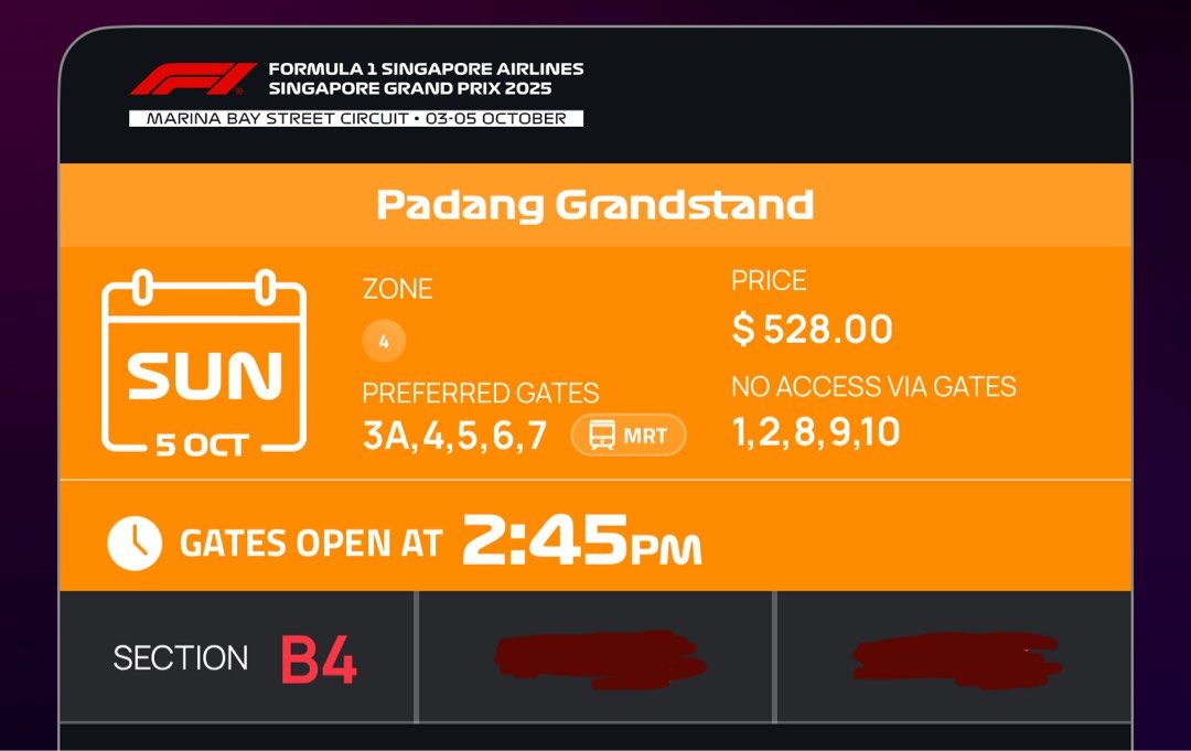 F1 Singapore Grand Prix 2025 - Padang Grandstand Sunday (4 Available ...