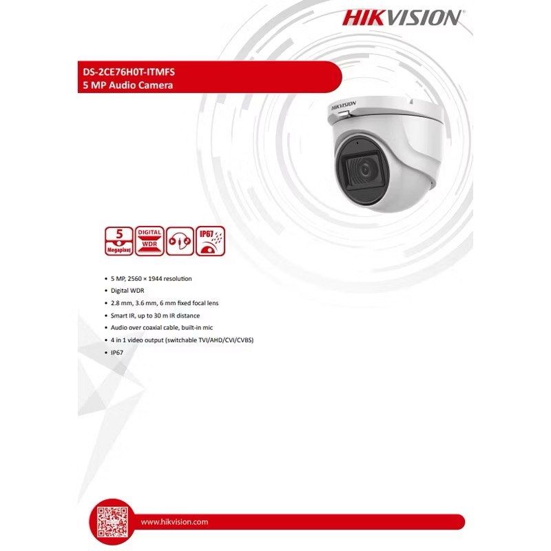 Hikvision Audio 5MP DS-2CE76H0T-ITMFS Dome Turret IR CCTV Coaxial Camera [AHD/TVI/CVI/CVBS ...