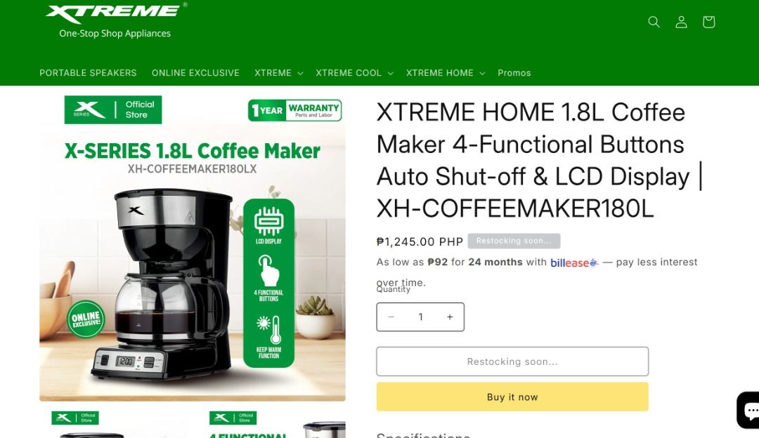 XTREME HOME 1.8L Coffee Maker 4-Functional Buttons Auto Shut-off & LCD ...