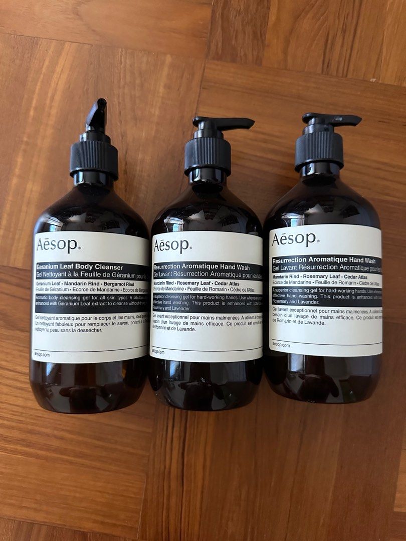 3 x Empty Aesop 500ml Bottles - Geranium Leaf Body Cleanser, Resurrection Aromatique Hand Wash ...