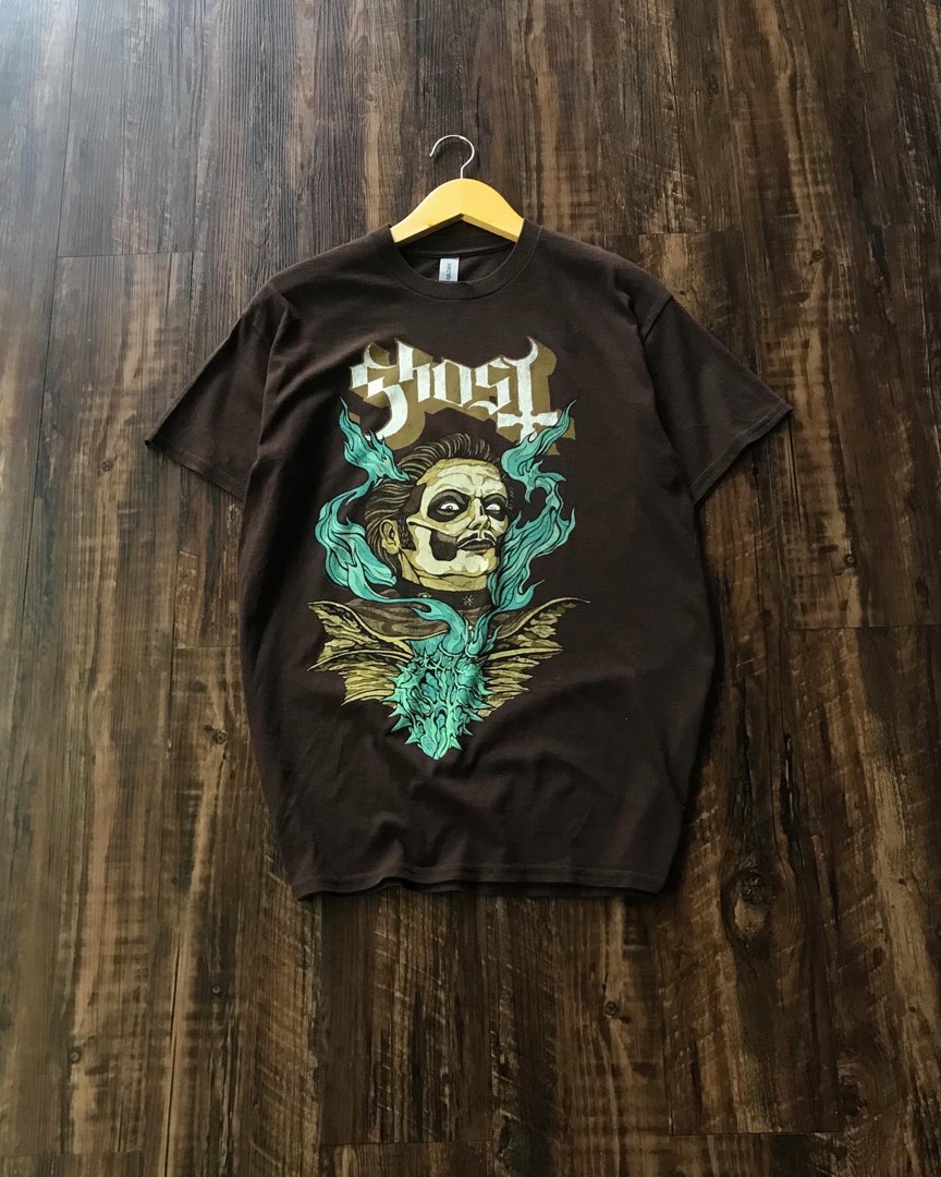 GHOST BAND T-SHIRT DARK BROWN, Fesyen Pria, Pakaian , Atasan di Carousell