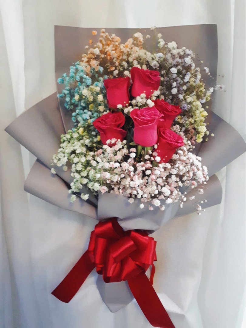 Fresh rose bouquet delivery | Rainbow babybreath rose bouquet delivery ...