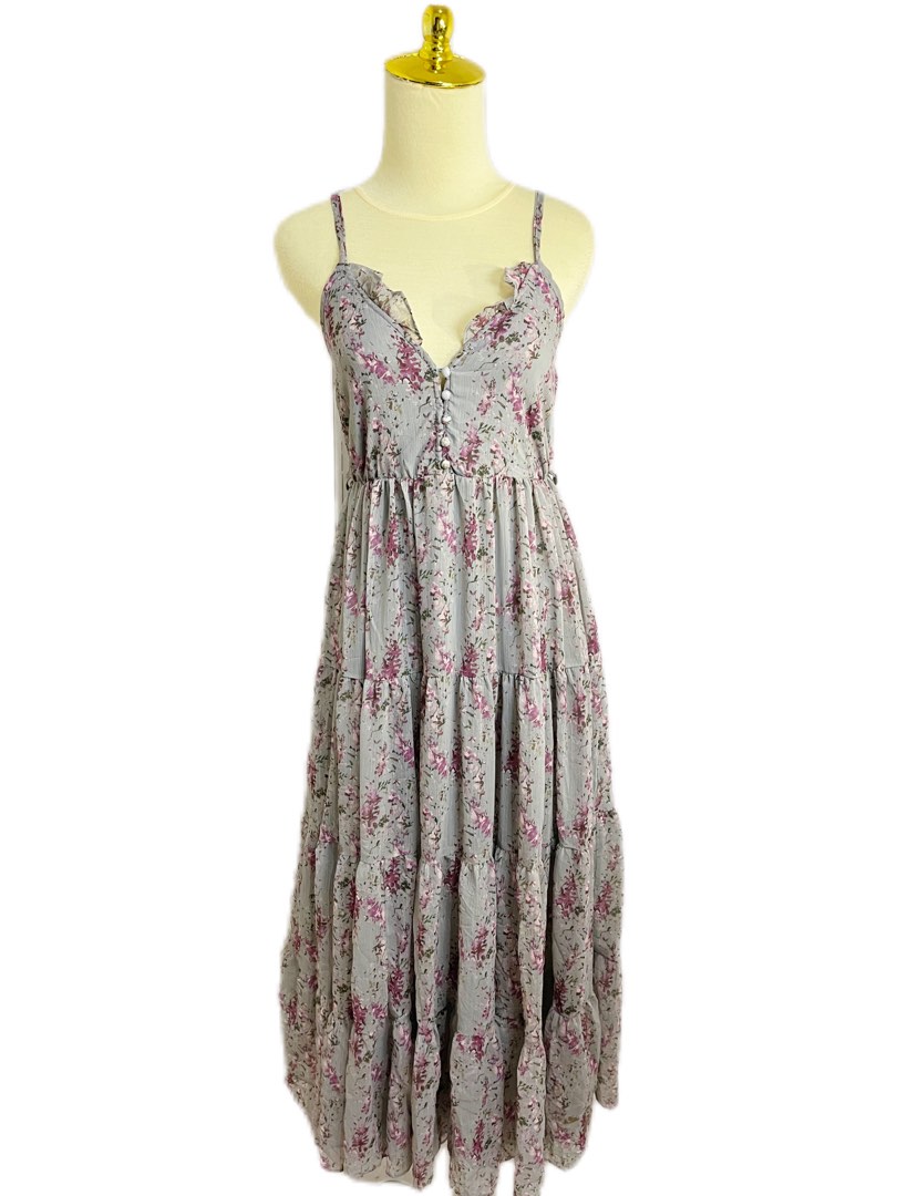 Grey Floral Tiered Maxi Dress with Ruffle Details and Adjustable Straps ...