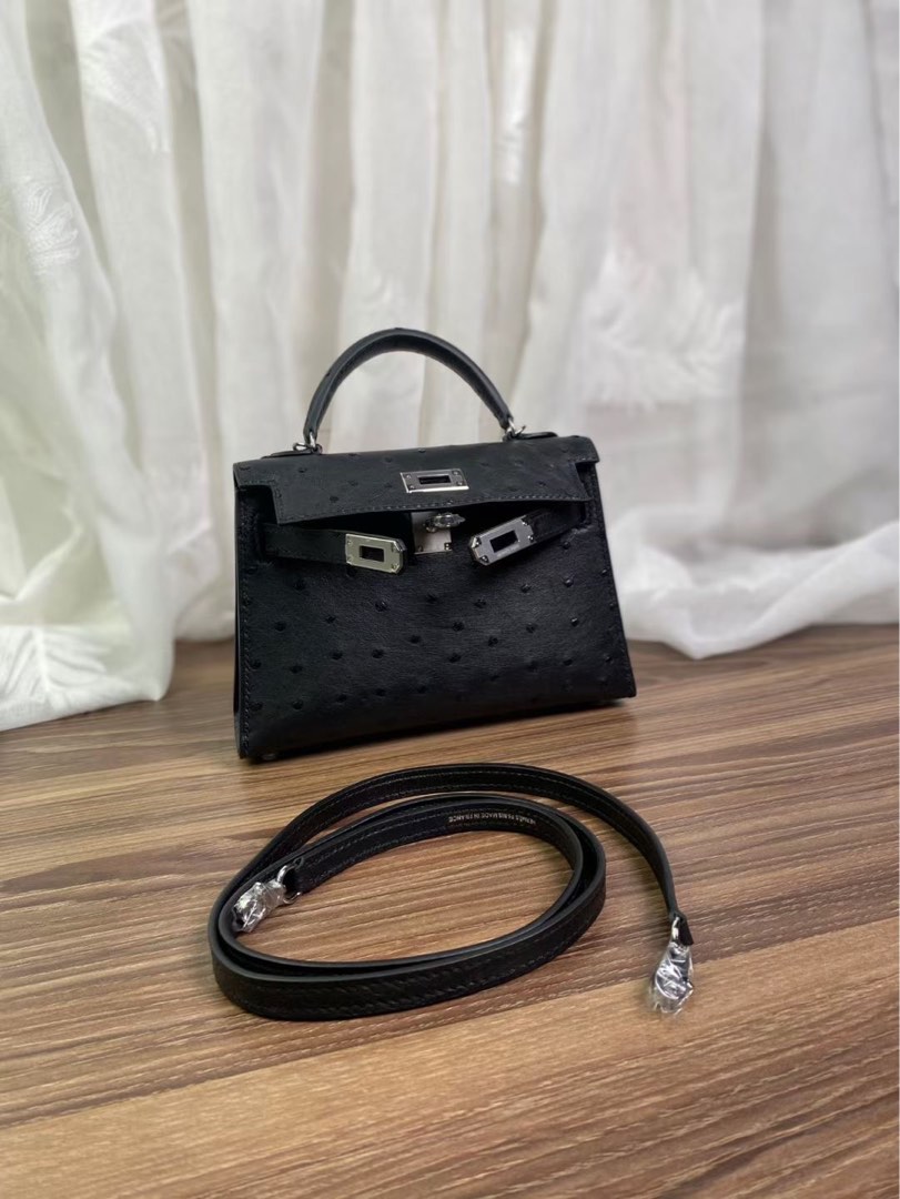 Hermes Mini Kelly 19 Ostrich Black Palladium hardware, Luxury, Bags ...