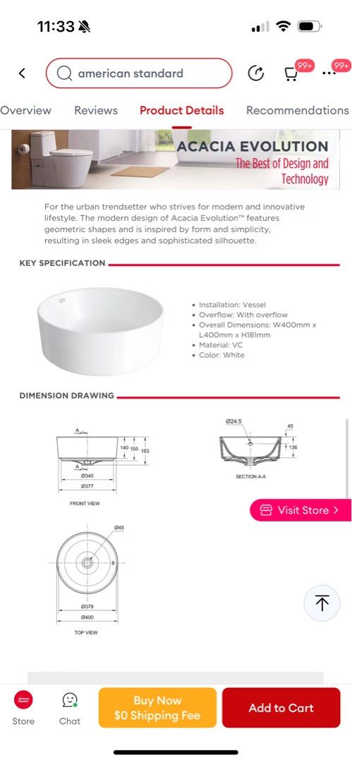 American Standard Acacia Evolution Round Vessel Wash Basin CL0509, Furniture & Home Living ...