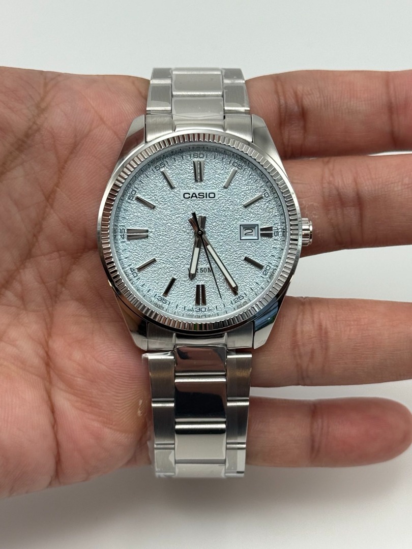 CASIO Analog Textured Light Blue Dial Stainless-Steel Men's Watch MTP ...