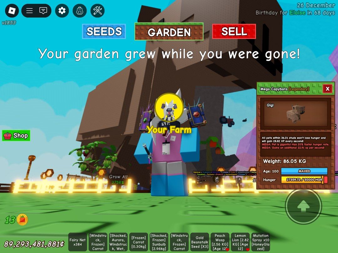 Mega Titanic Capybara Roblox grow a garden pet, 興趣及遊戲, 玩具 & 遊戲類 - Carousell