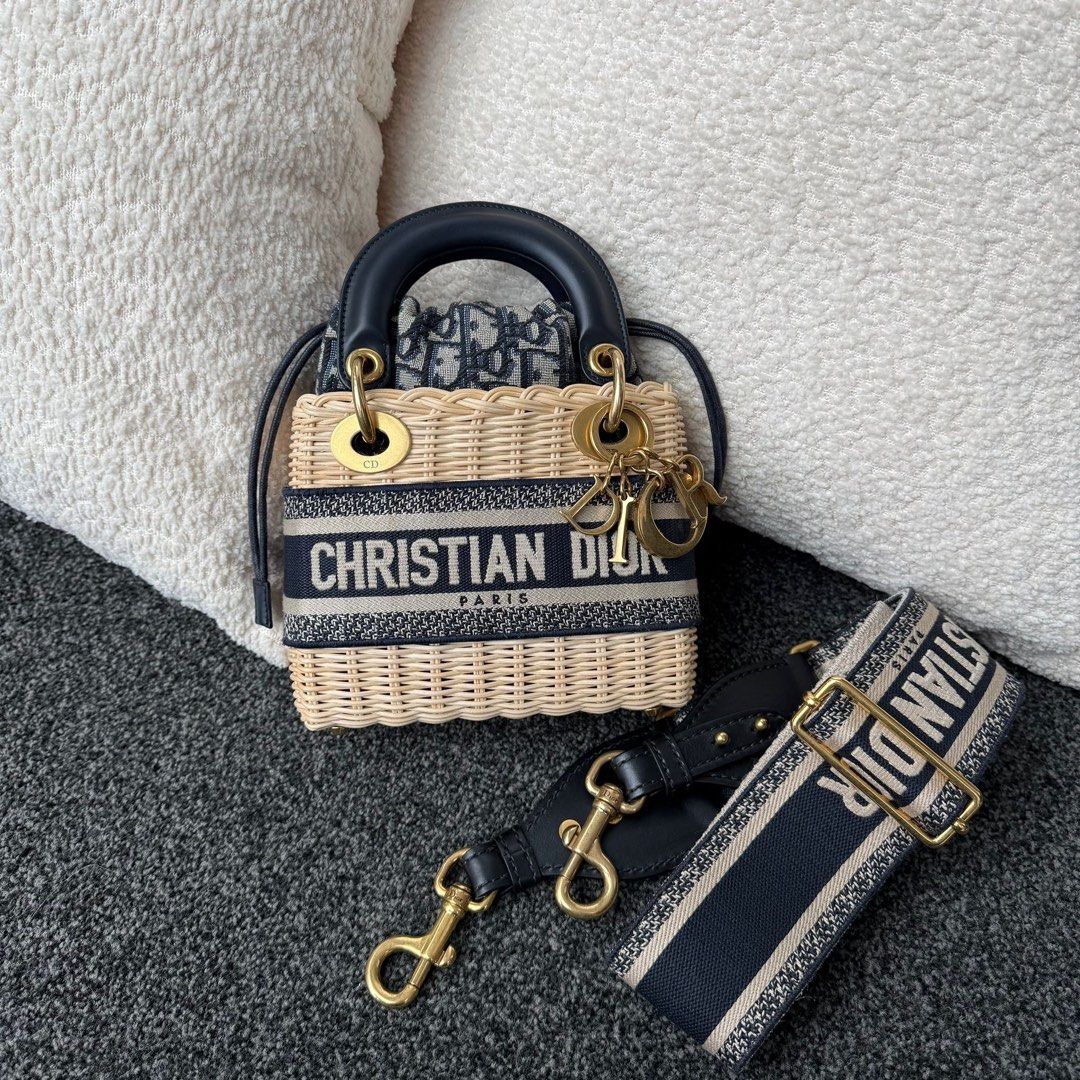 Dior Lady Dior Wicker Rattan Blue Gold hardware, Luxury, Bags & Wallets ...