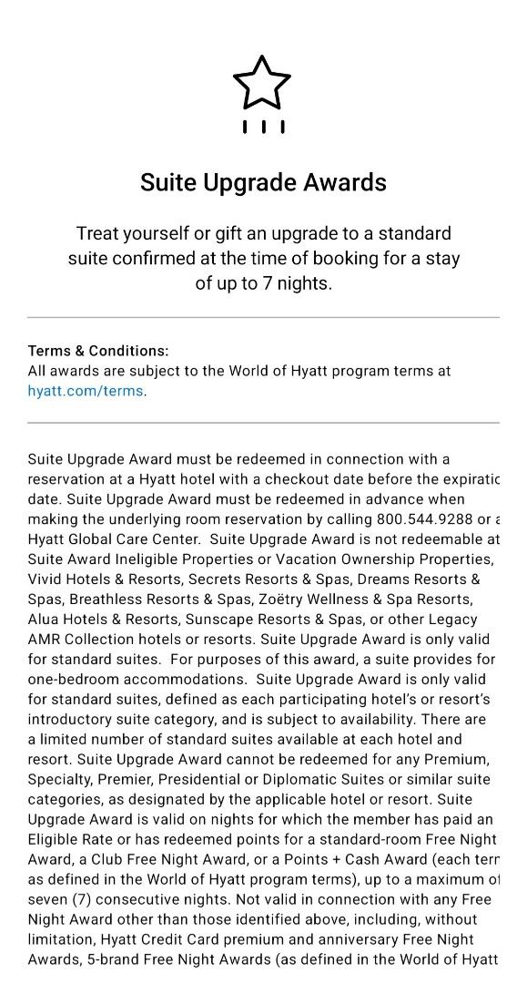 Hyatt Suite Upgrade Award Voucher - Upgrade to Suite, Everything Else ...