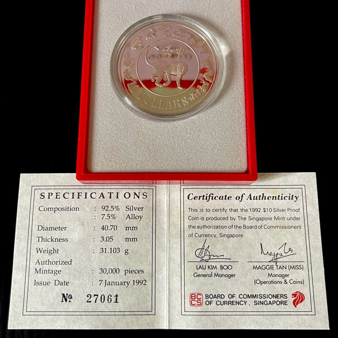 1992 SINGAPORE LUNAR SILVER FIRST SERIES 10 DOLLARS SILVER PROOF COIN ...