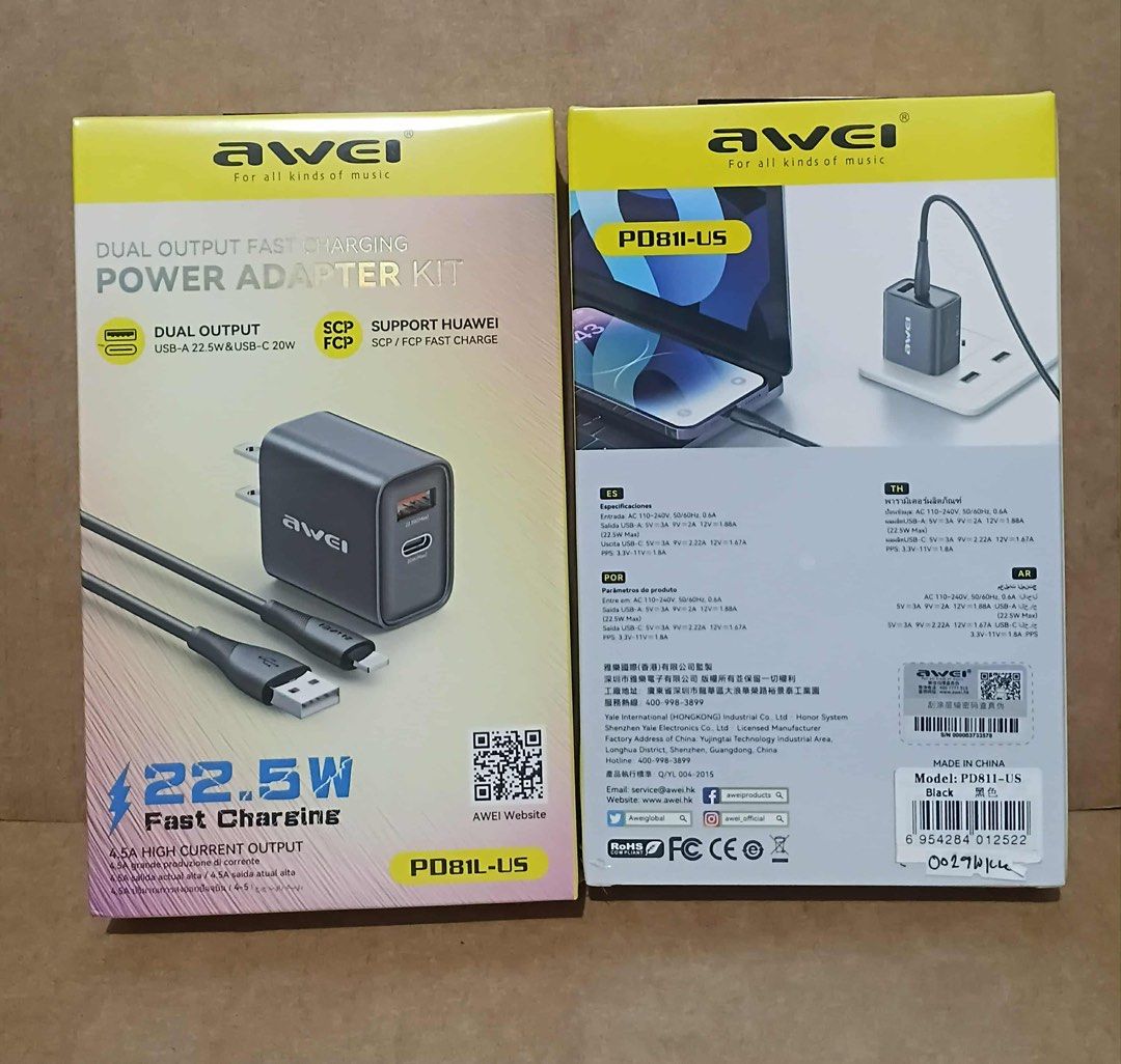 Awei 22.5w Dual Output Fast charging power adapter kit type-C to ...