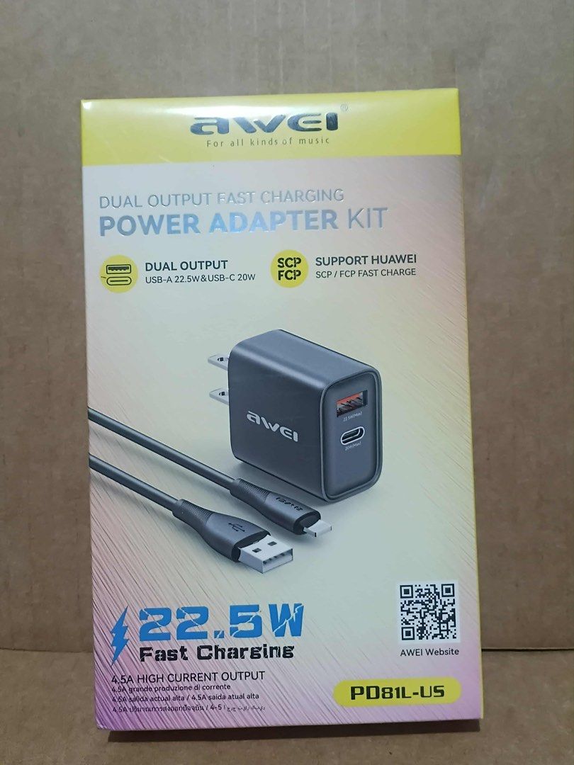 Awei 22.5w Dual Output Fast charging power adapter kit type-C to ...