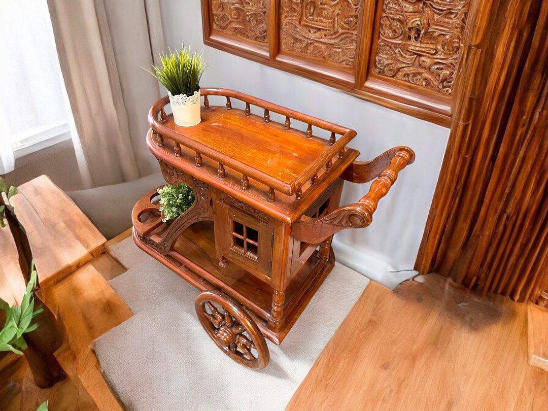 Mini Bar cart, Carving teak drink station trolley, Furniture & Home ...