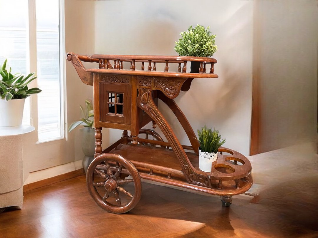 Mini Bar cart, Carving teak drink station trolley, Furniture & Home ...