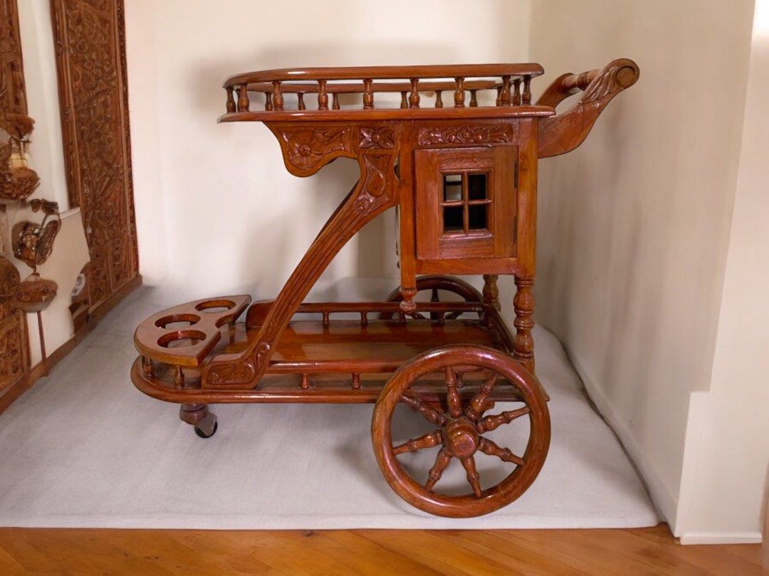 Mini Bar cart, Carving teak drink station trolley, Furniture & Home ...