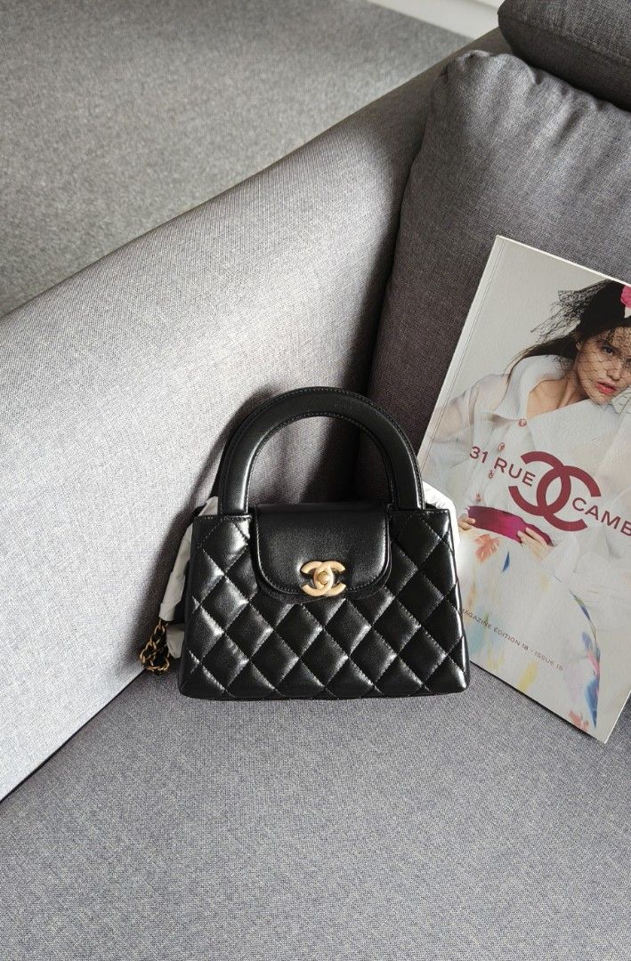 Chanel Nano Kelly Bag Black Lamb Gold Hardware Metal Plate Full Set ...