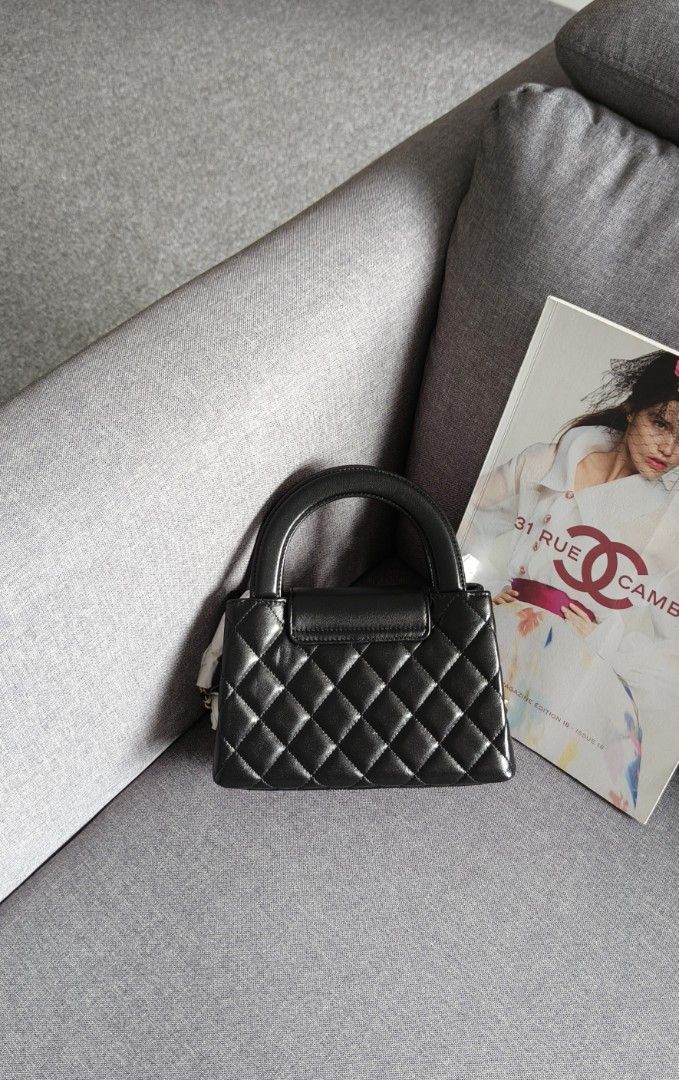 Chanel Nano Kelly Bag Black Lamb Gold Hardware Metal Plate Full Set ...