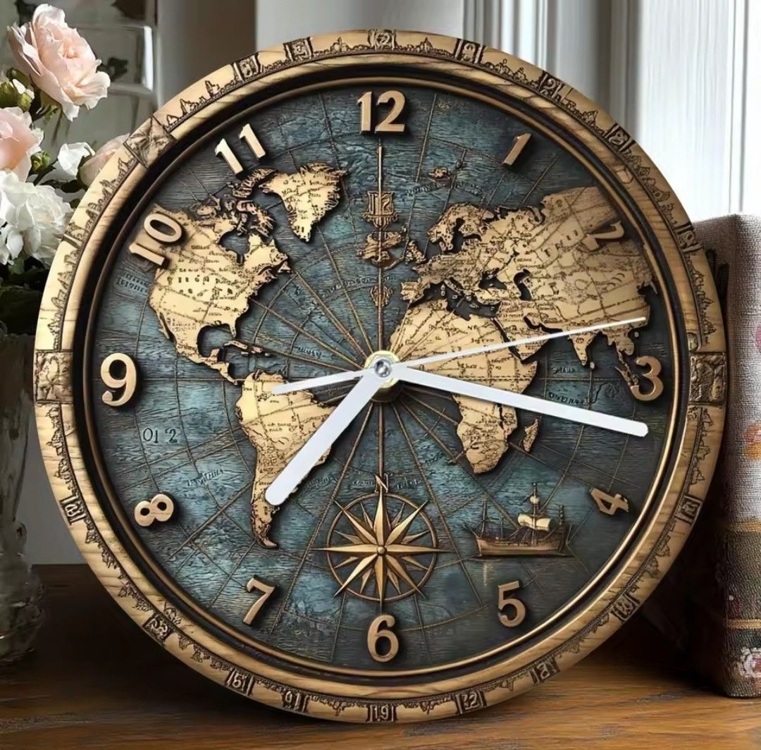 Theme Nautical Wooden Wall Clock Blue Decor Farmhouse Silent Round ...