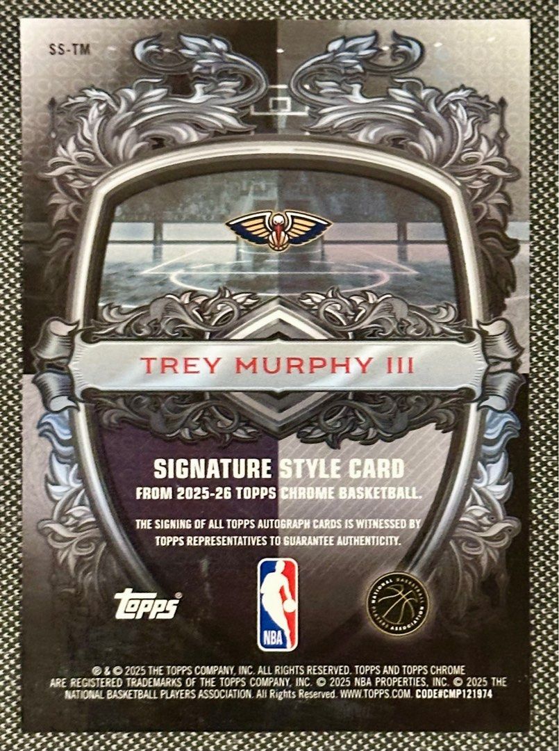 2025 NBA TREY MURPHY III /75 Topps Chrome Signature Style Autograph ...