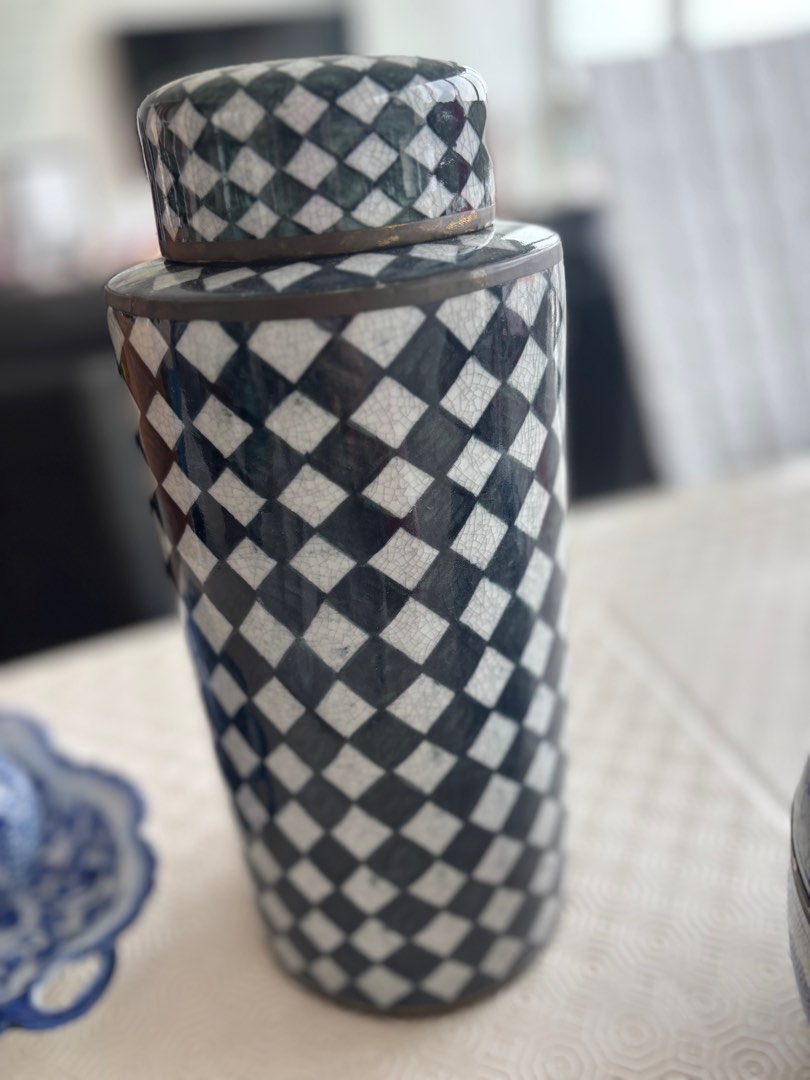 Checkered Ceramic Vase with Lid, Furniture & Home Living, Home Decor ...