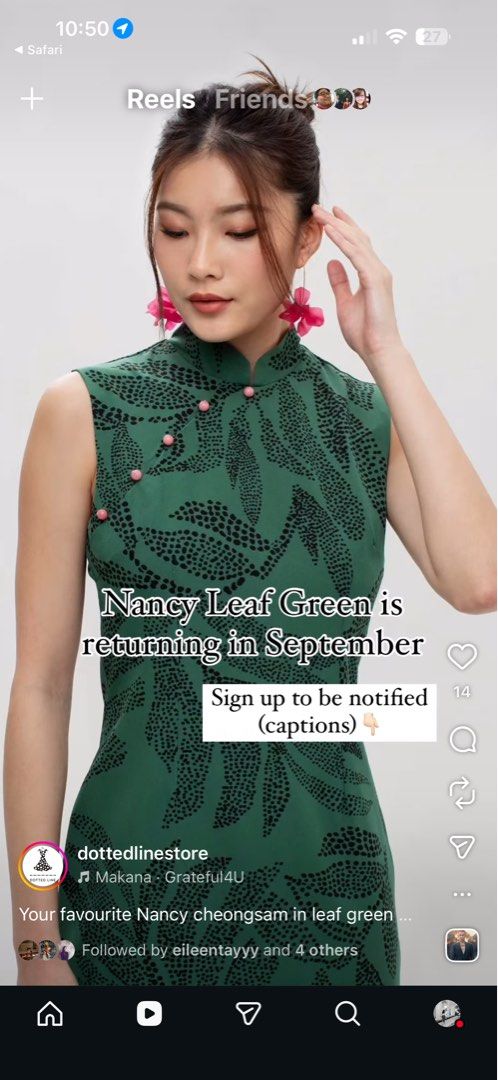 Dotted Line Nancy Cheongsam Leaf Green, Women's Fashion, Dresses & Sets ...