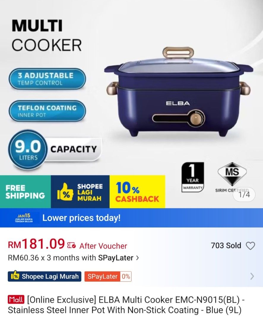 ELBA Multi Cooker EMC-N9015(BL) - 9L, TV & Home Appliances, Kitchen ...