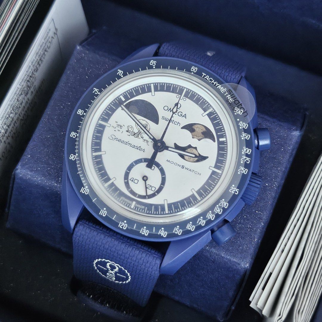 Omega x Swatch Mission to Earthphase Moonshine Gold Blue, Fesyen Pria ...