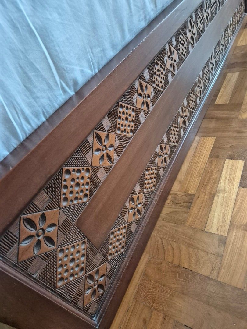 Teak Wood Bed Frame with Carved Details, Furniture & Home Living ...