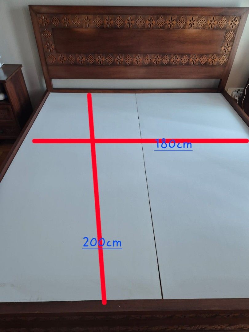 Teak Wood Bed Frame with Carved Details, Furniture & Home Living ...