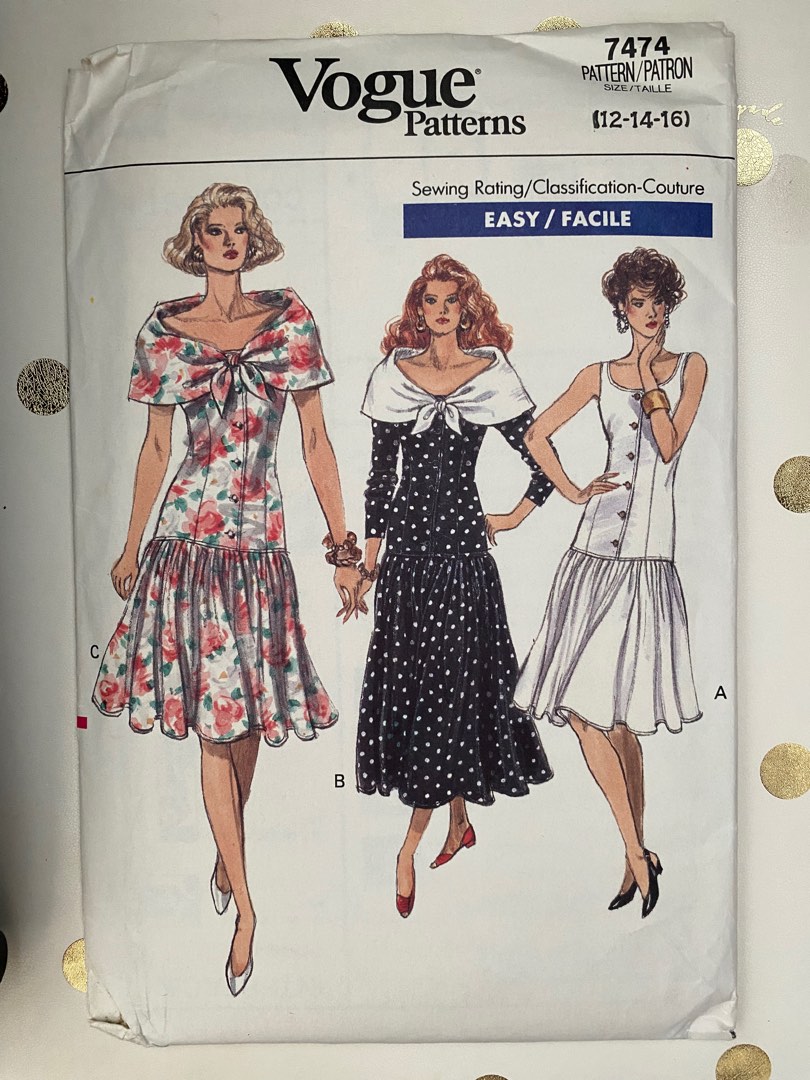 Vogue Easy Vintage Sewing Pattern - Drop Waist Dress with Wrap Collar ...