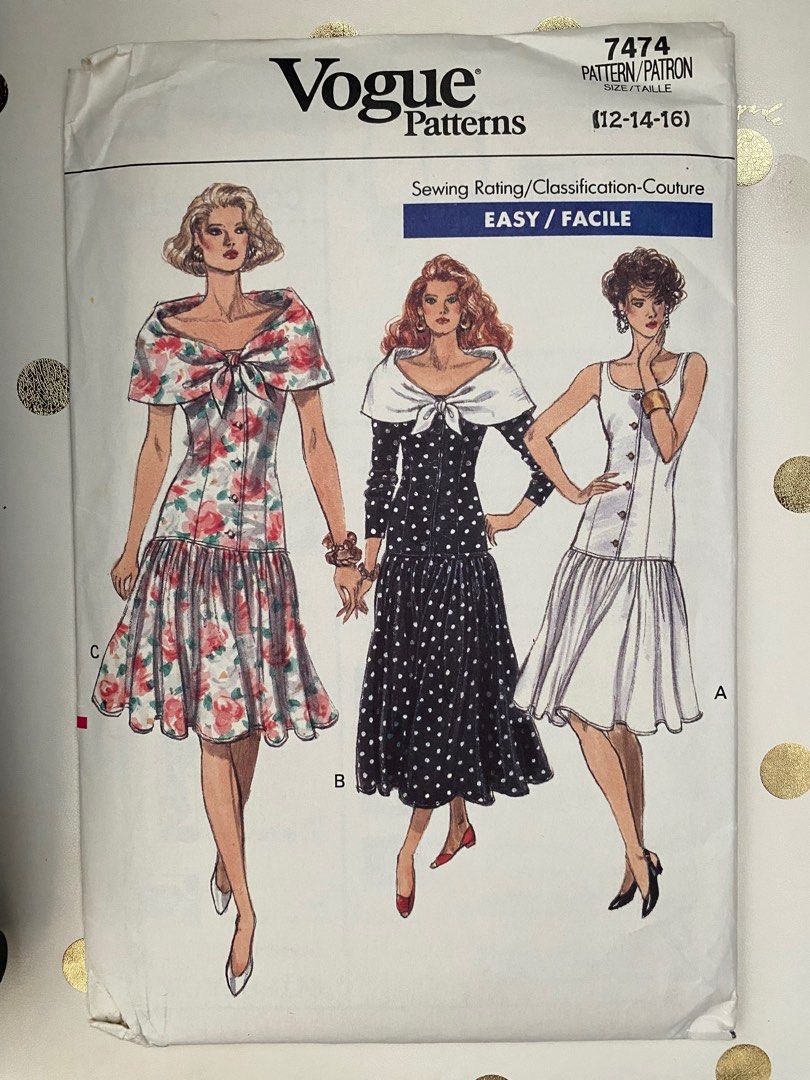 Vogue Easy Vintage Sewing Pattern - Drop Waist Dress with Wrap Collar ...