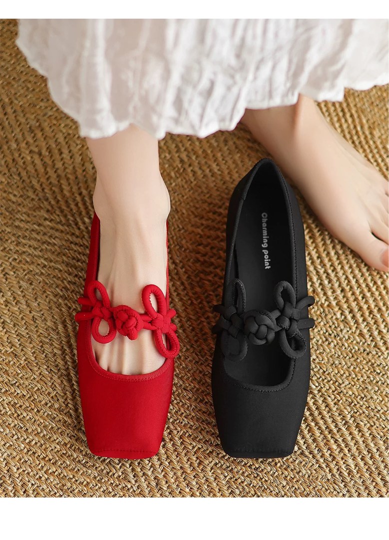 Chinese Knot Square Toe Mary Jane Ballet Flats, Women's Fashion ...