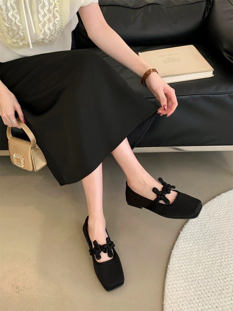 Chinese Knot Square Toe Mary Jane Ballet Flats, Women's Fashion ...