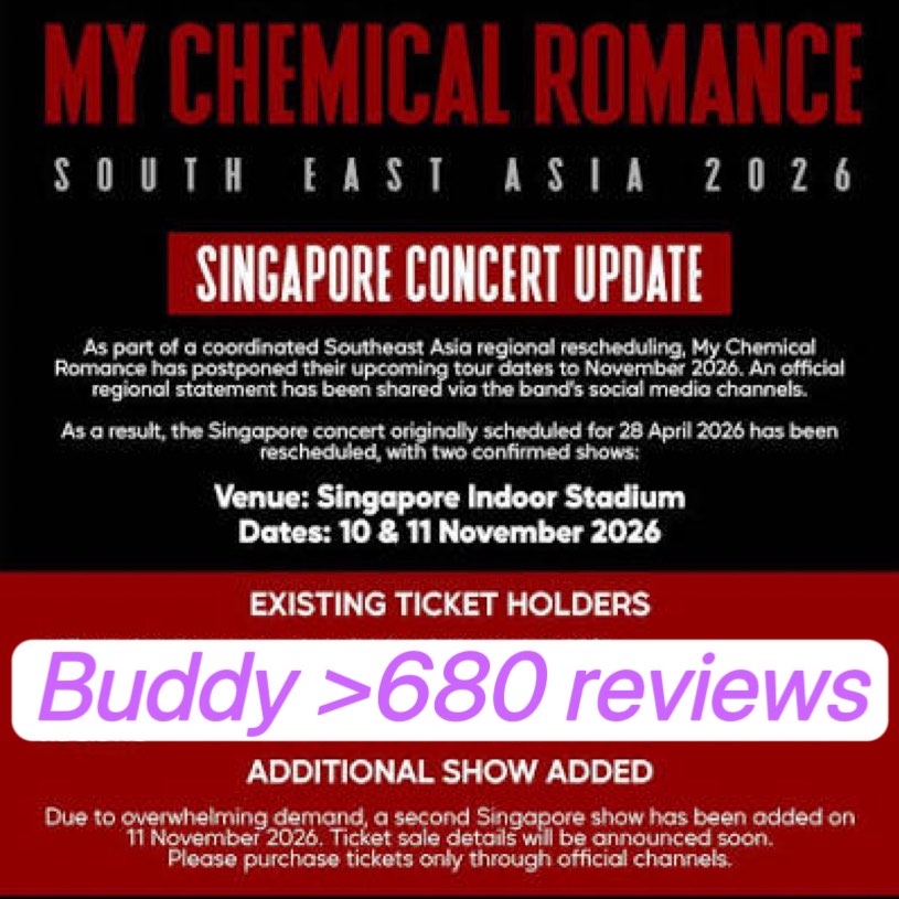 My Chemical Romance MCR SG added show VIP MCRMY KILLJOYS Cat 1 2 3 4 10 ...