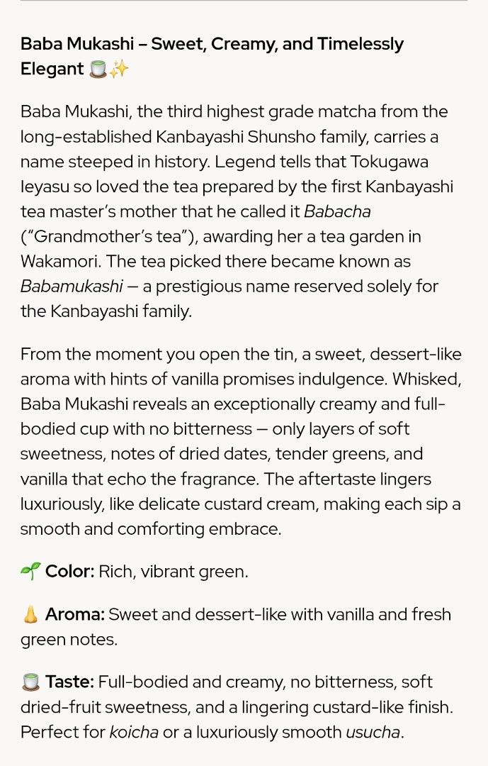 Kanbayashi Shunsho - Baba Mukashi Matcha 100g (can), Food & Drinks ...