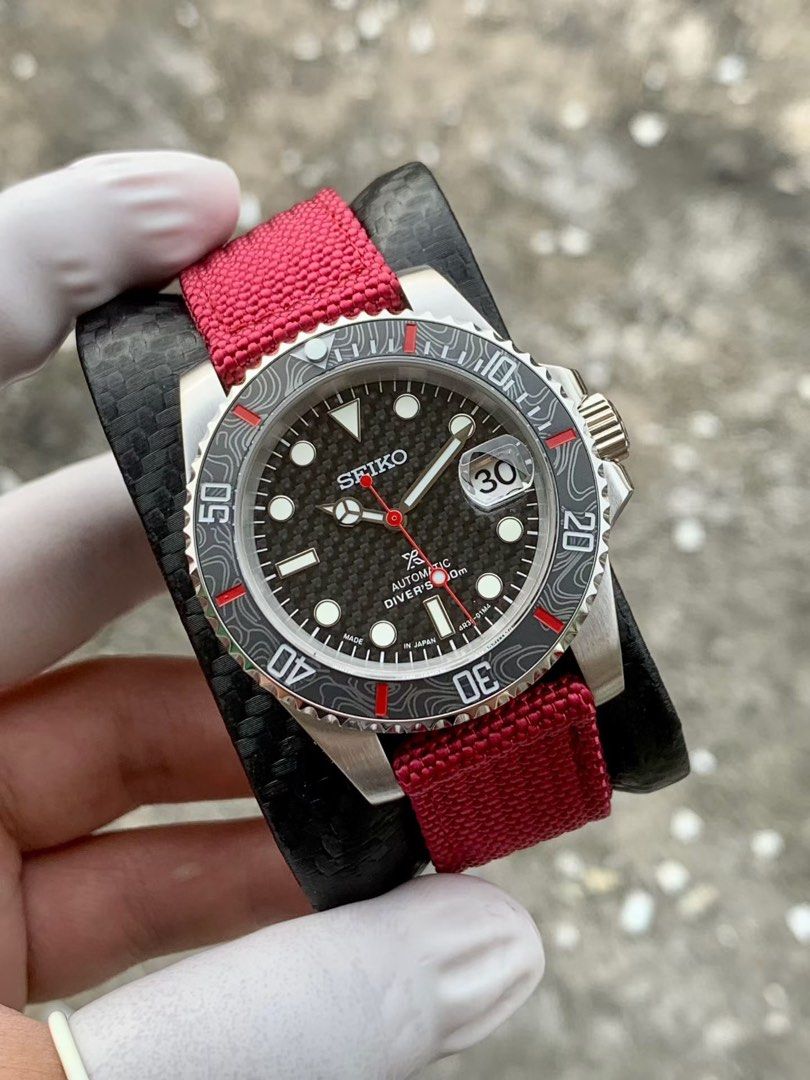 Seiko mod red carbon submariner custom watch, Men's Fashion, Watches ...