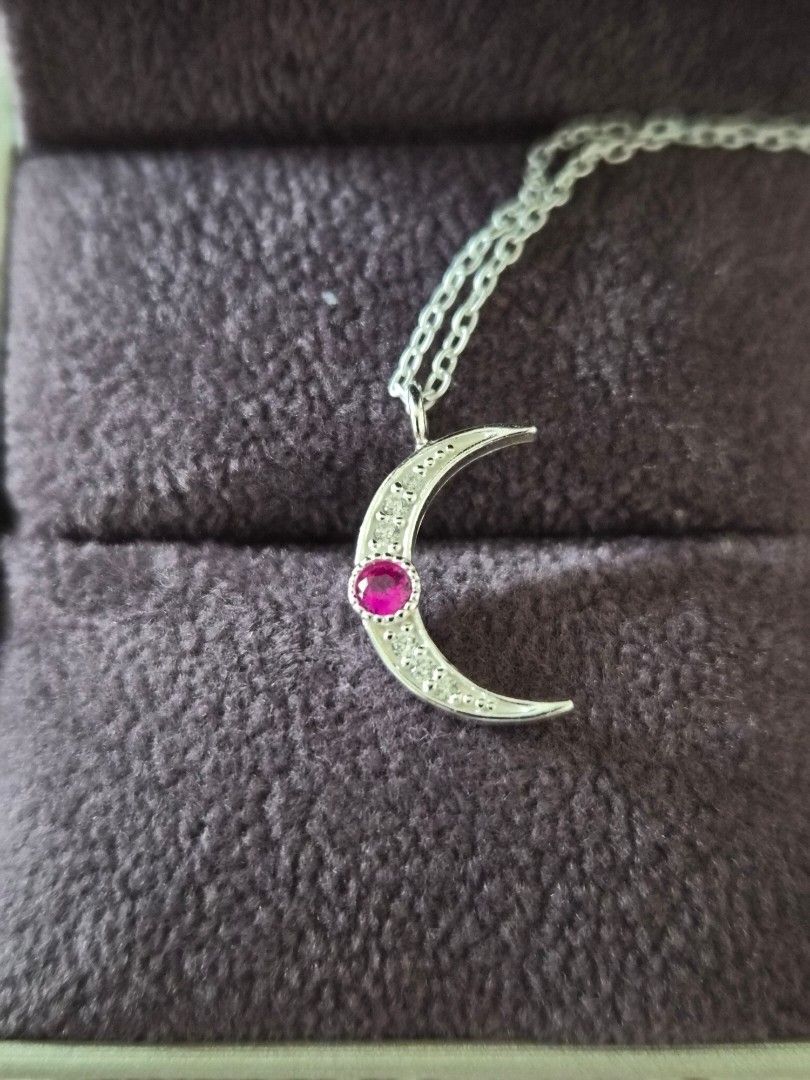 925 Silver Crescent Moon Necklace with Ruby, Women's Fashion, Jewelry ...