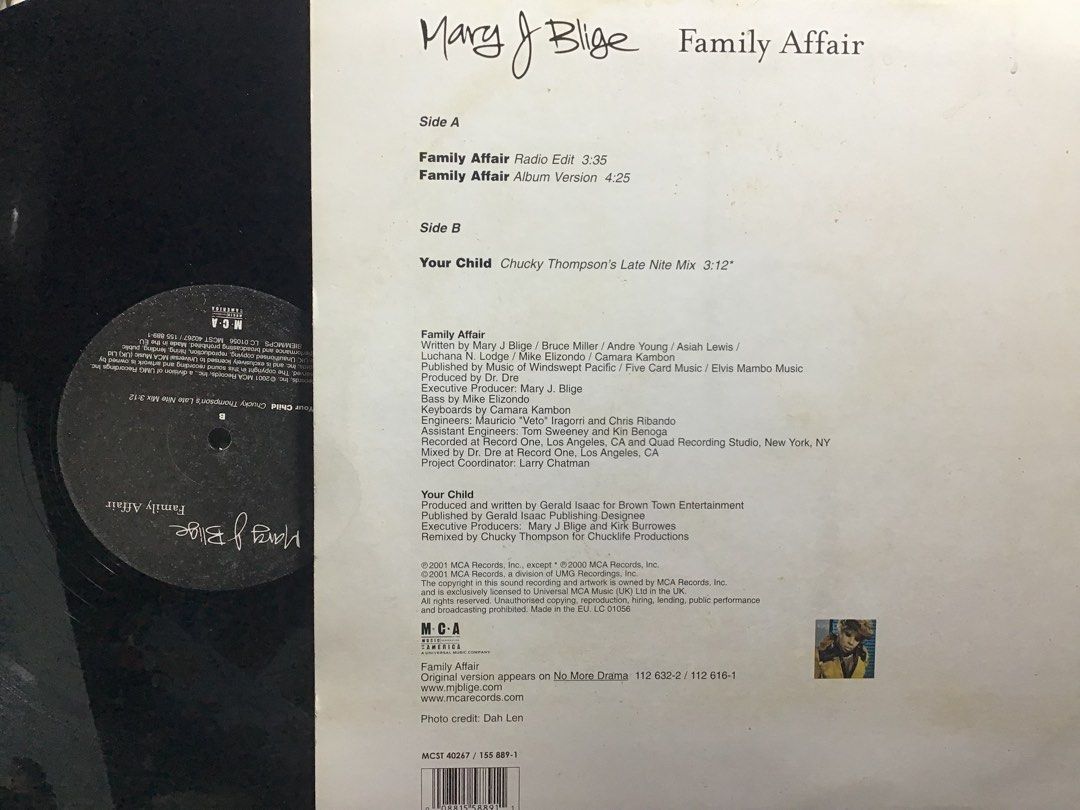 12 INCH Mary J Blige - Family Affair - Produced by Dr Dre OOP VINTAGE ...