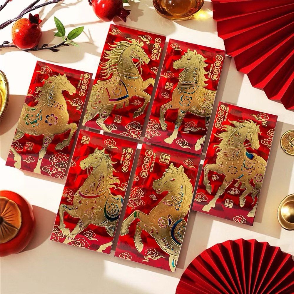 6Pcs/Set 2026 New Year Red Envelope Traditional Gold Horse Year Money ...
