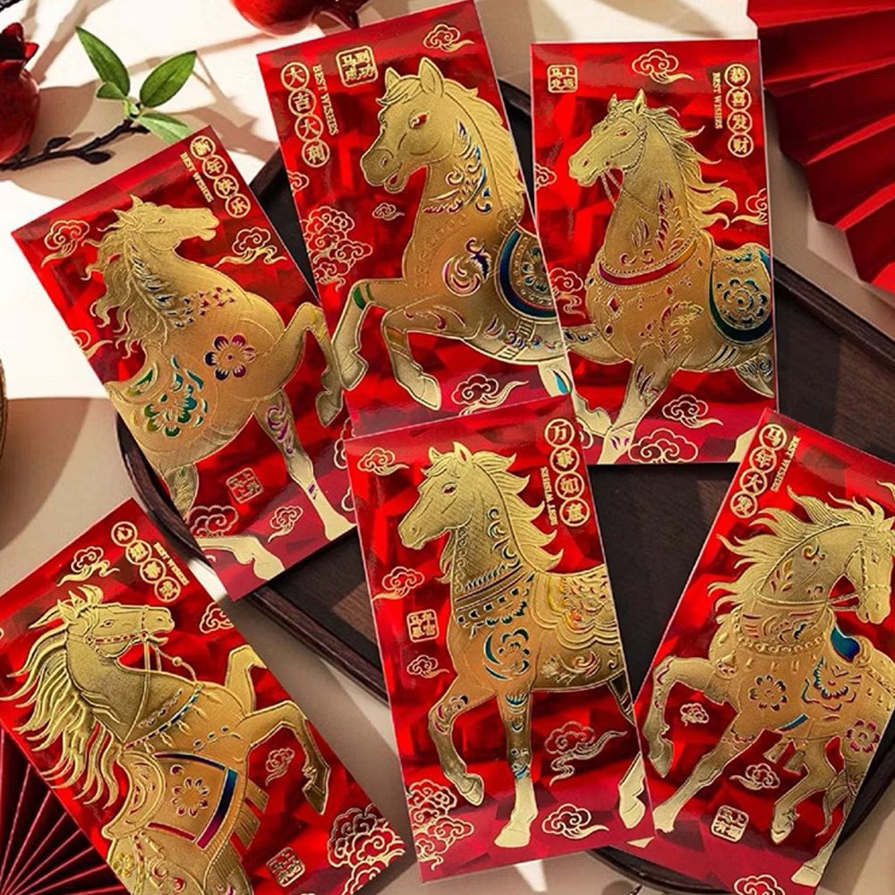 6Pcs/Set 2026 New Year Red Envelope Traditional Gold Horse Year Money ...